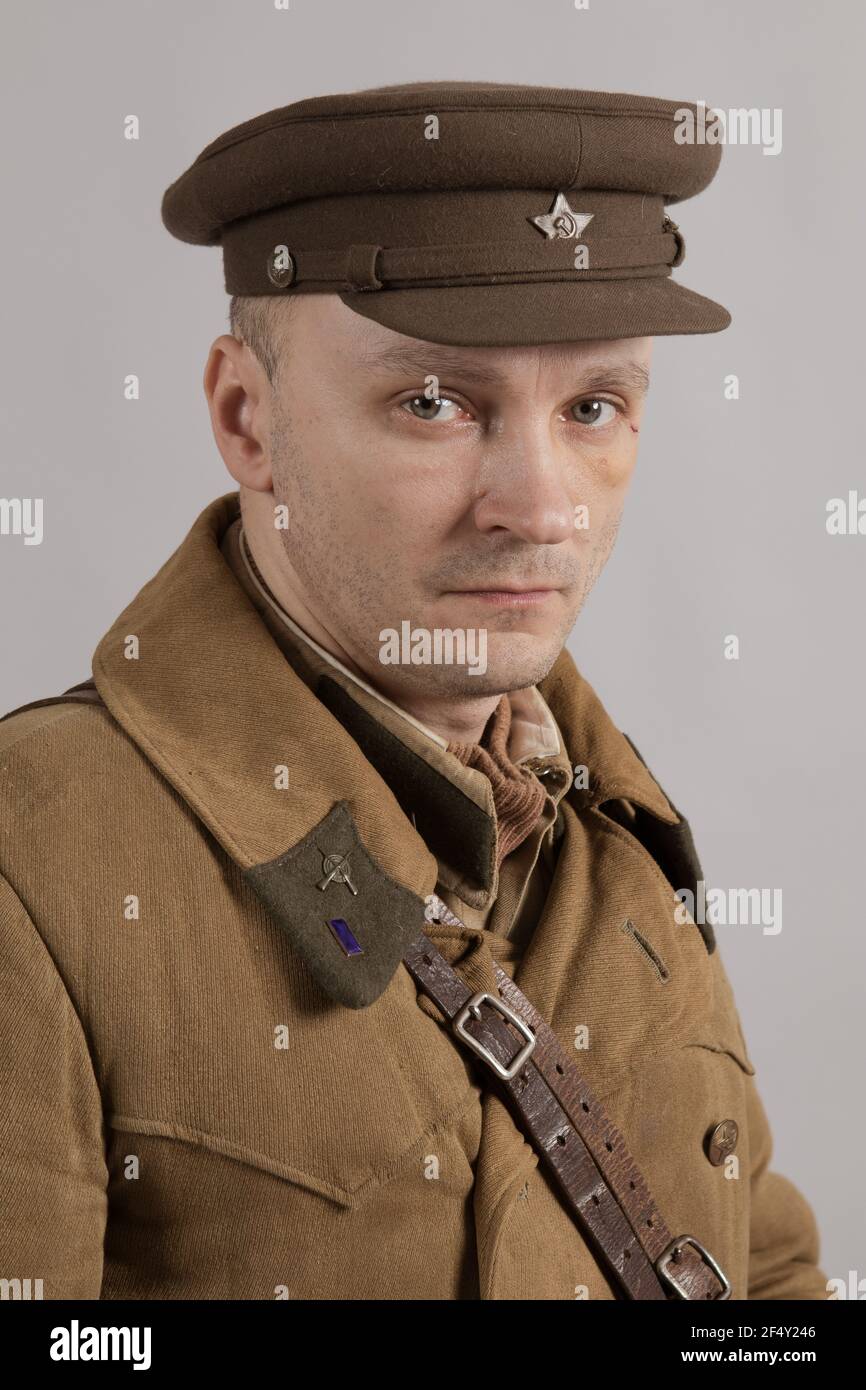 male actor in the winter uniform of an officer of the Red Army period ...