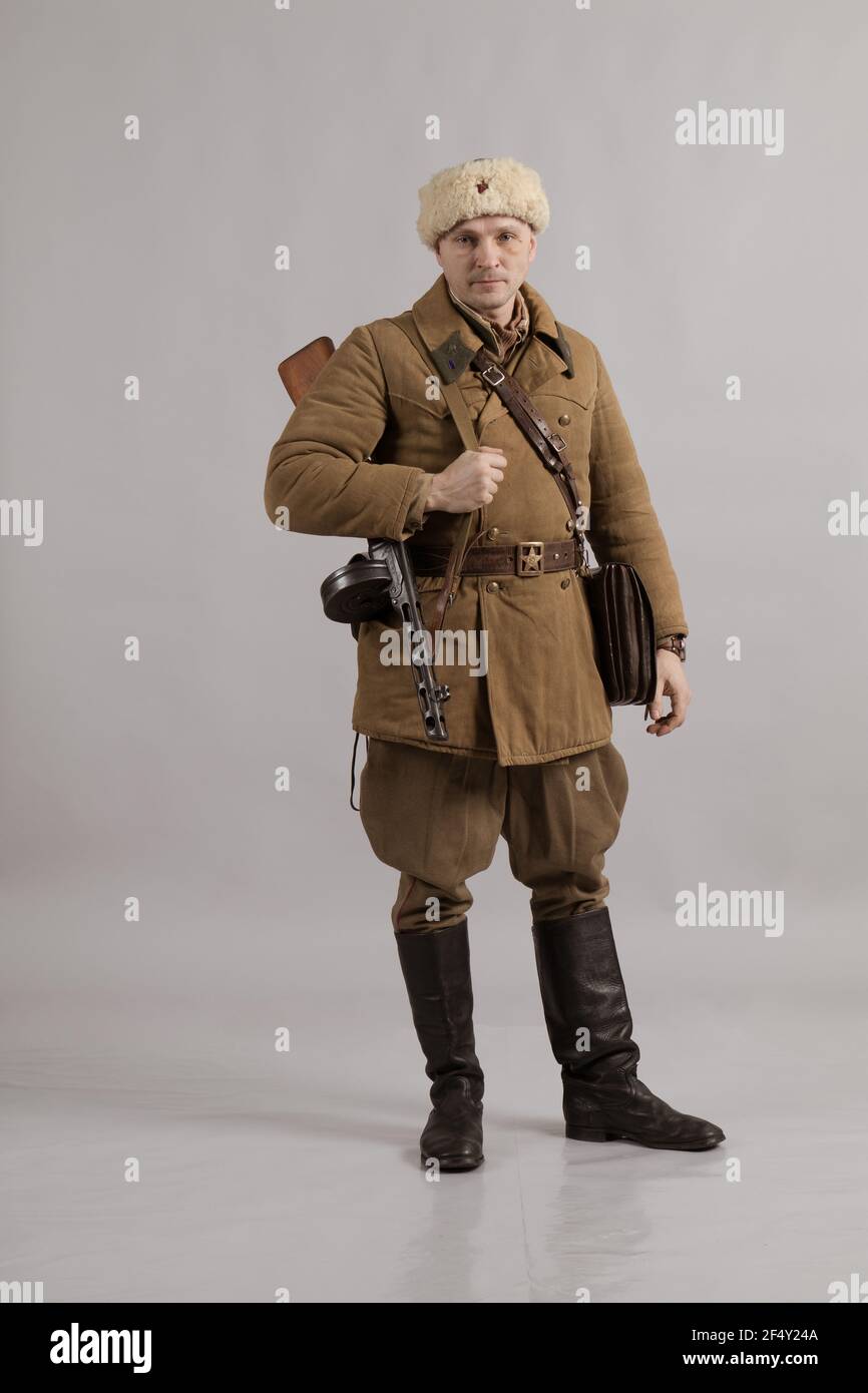 male actor in the winter uniform of an officer of the Red Army period ...