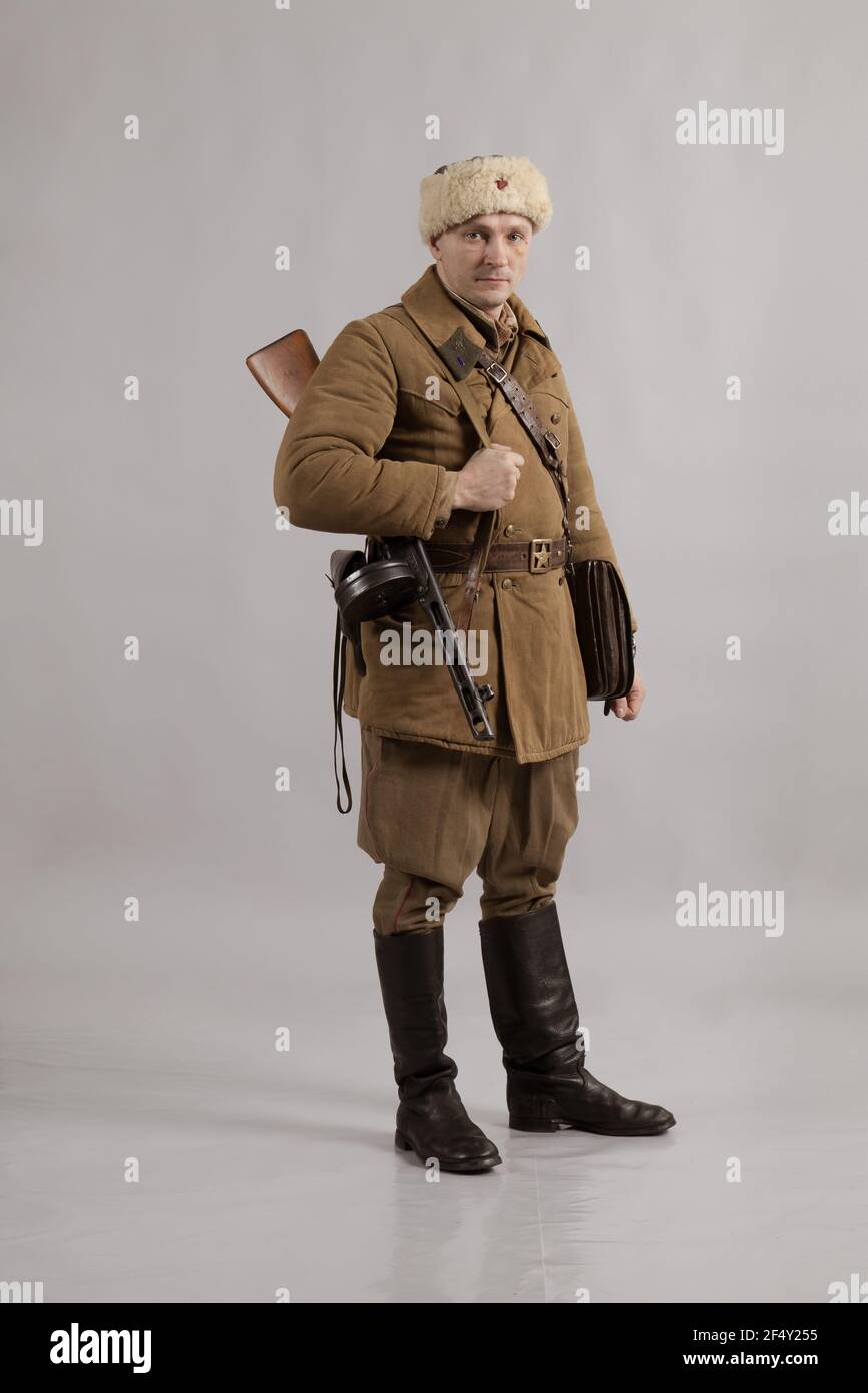 male actor in the winter uniform of an officer of the Red Army period ...