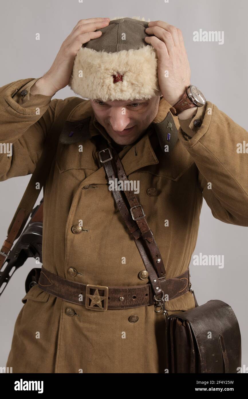 male actor in the winter uniform of an officer of the Red Army period ...