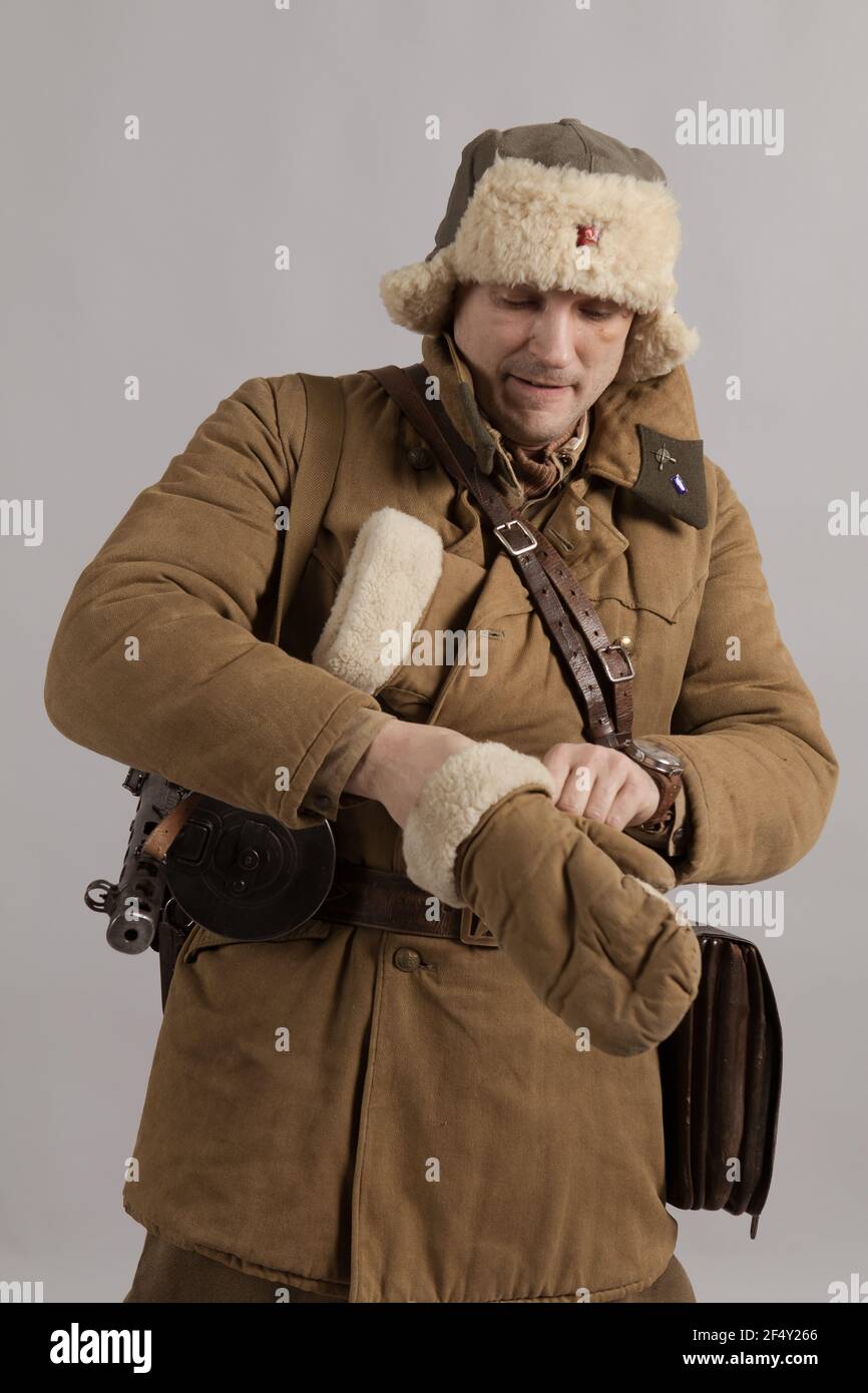 male actor in the winter uniform of an officer of the Red Army period ...