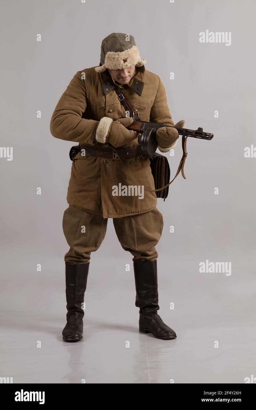 male actor in the winter uniform of an officer of the Red Army period ...