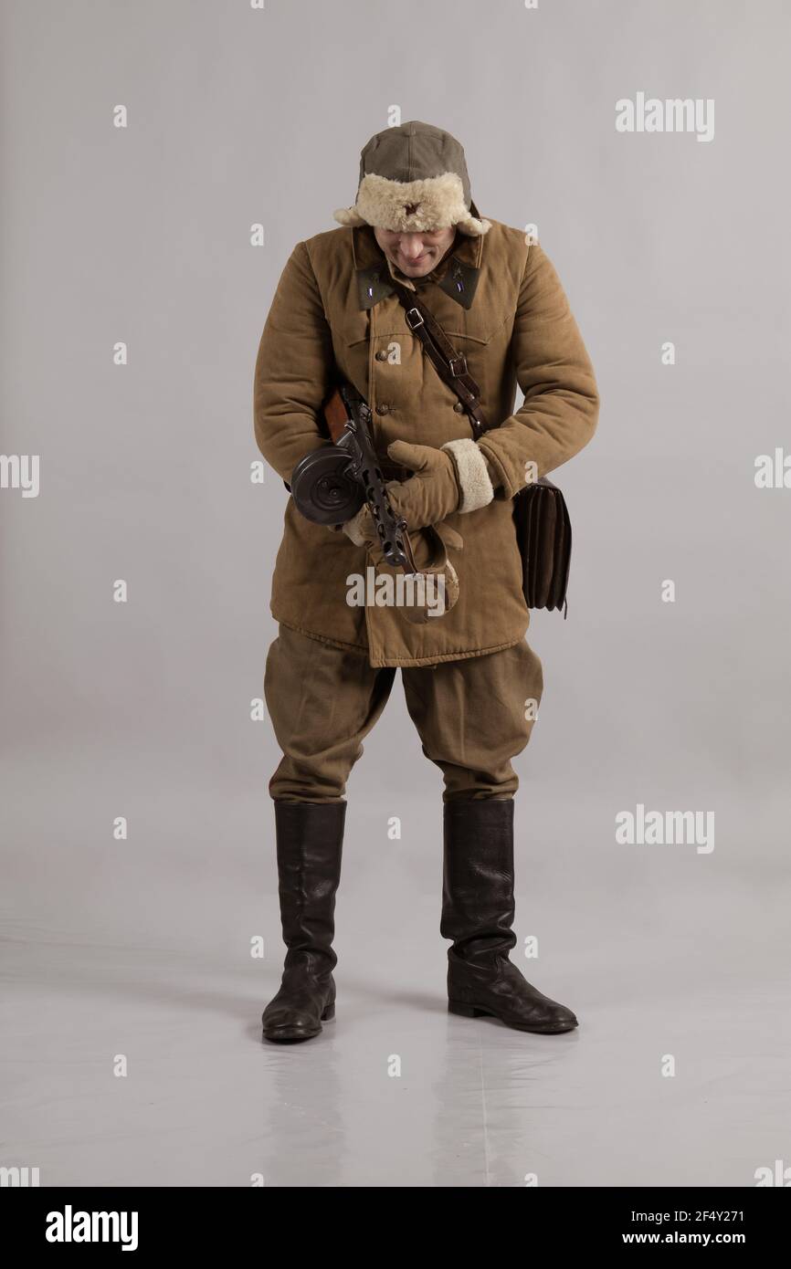 male actor in the winter uniform of an officer of the Red Army period ...