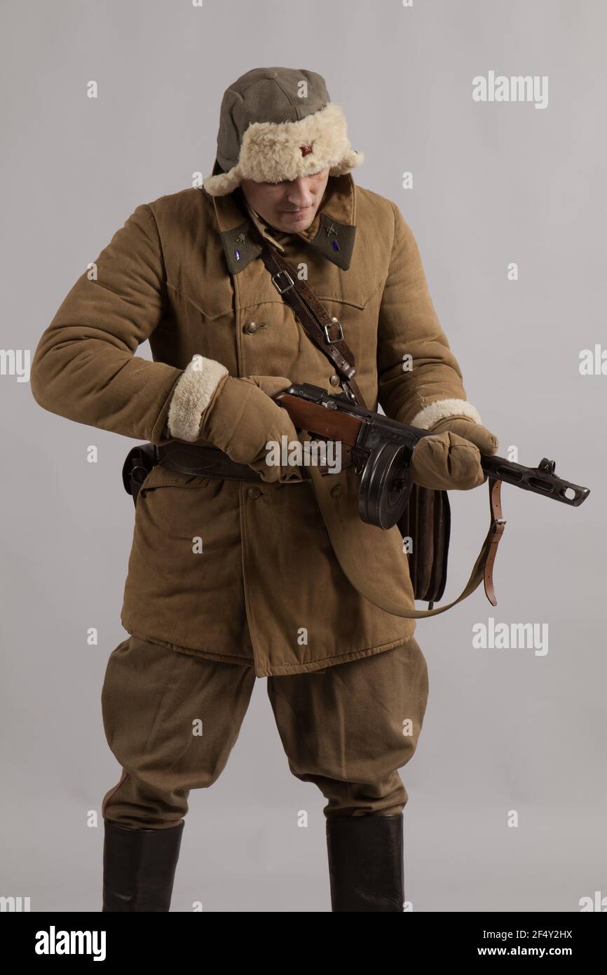 male actor in the winter uniform of an officer of the Red Army period ...