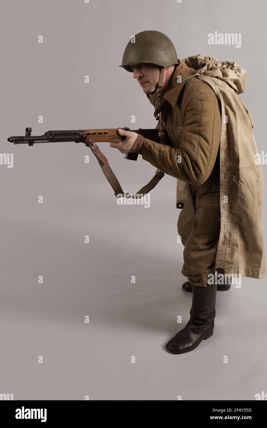 male actor in the winter uniform of an officer of the Red Army period ...