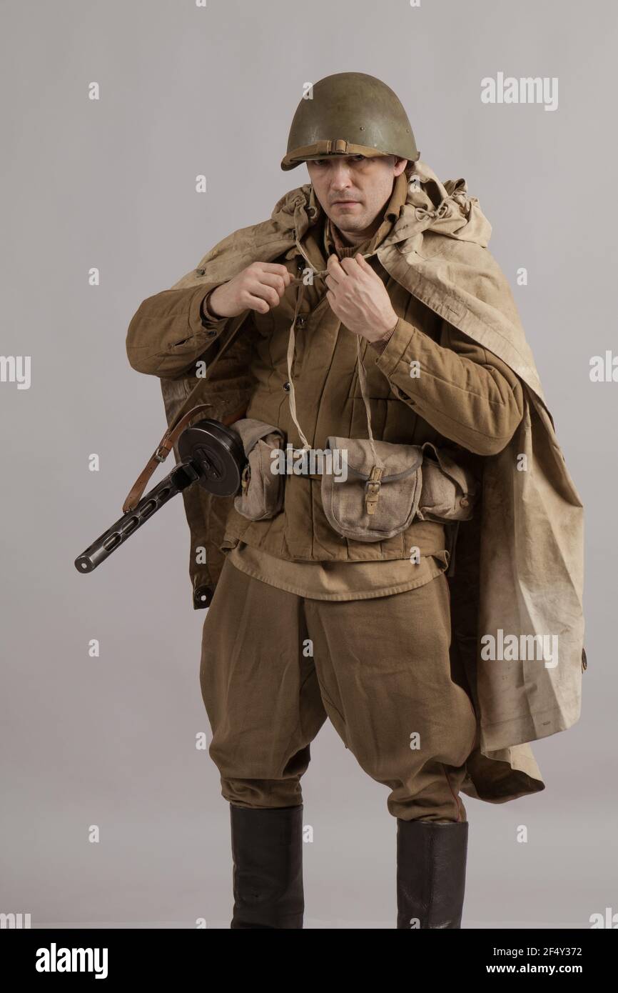 male actor in the military uniform of an officer of the Soviet Army ...