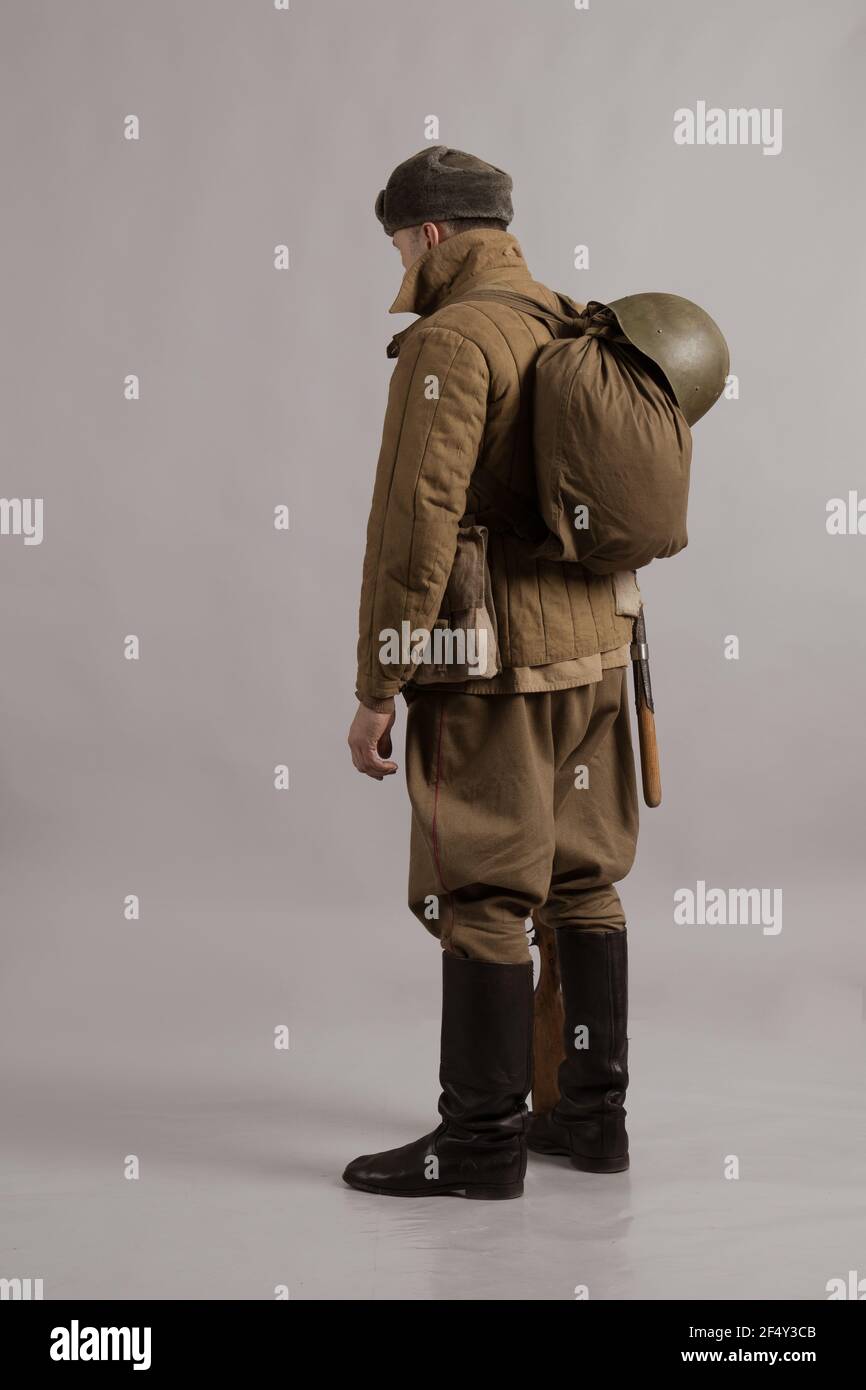 male actor in the military uniform of an officer of the Soviet Army ...