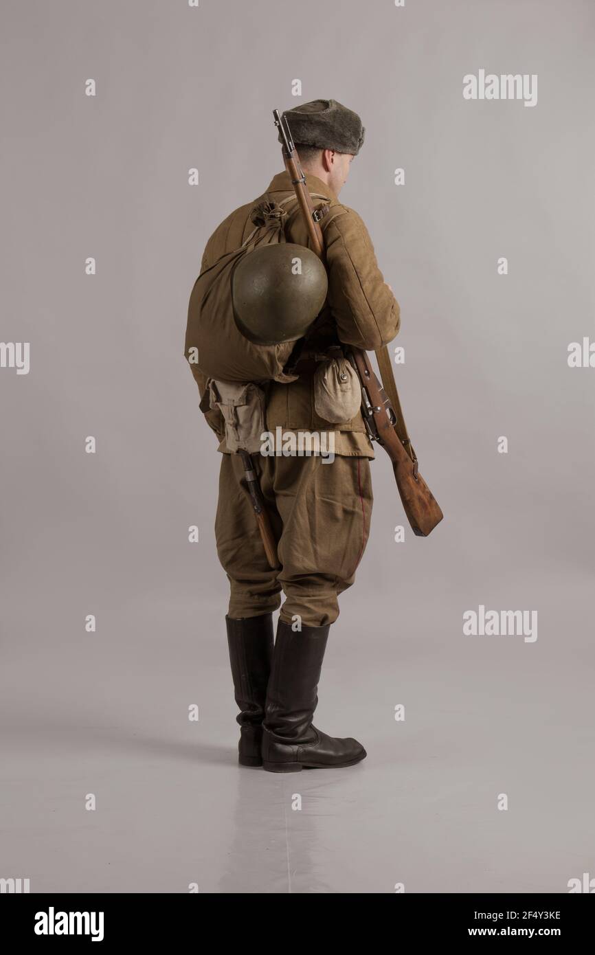 male actor in the military uniform of an officer of the Soviet Army ...
