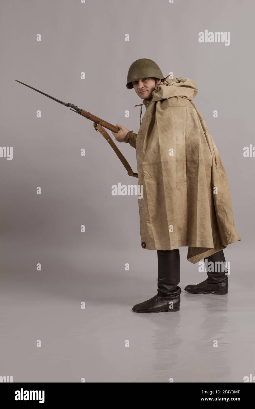 male actor in the military uniform of an officer of the Soviet Army ...
