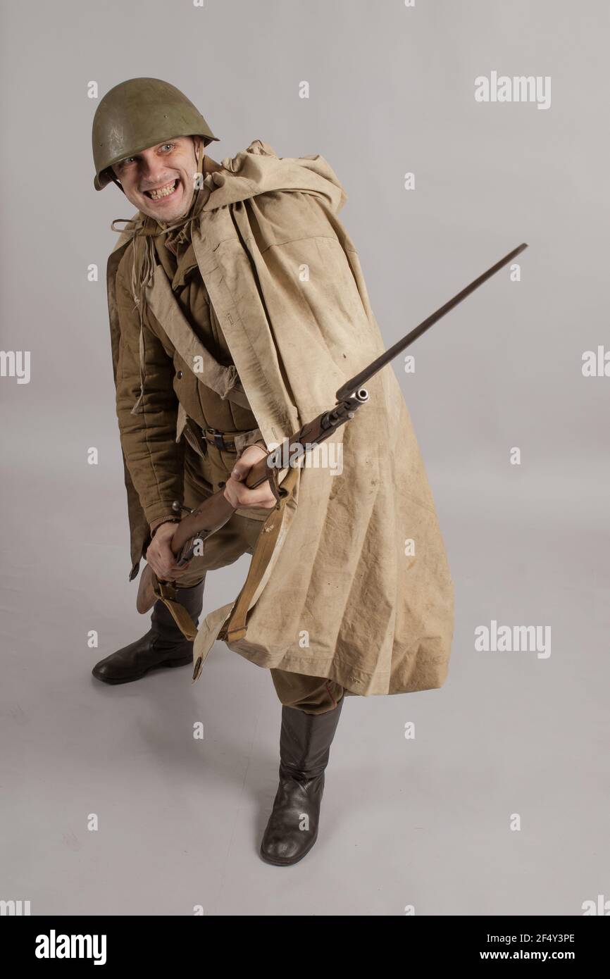 male actor in the military uniform of an officer of the Soviet Army ...