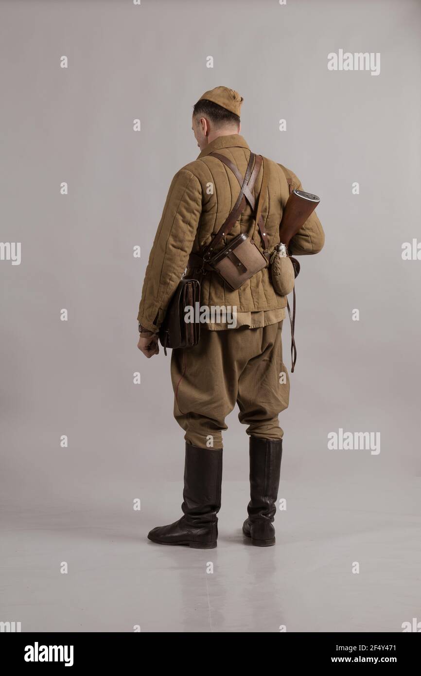 male actor in the military uniform of an officer of the Soviet Army ...