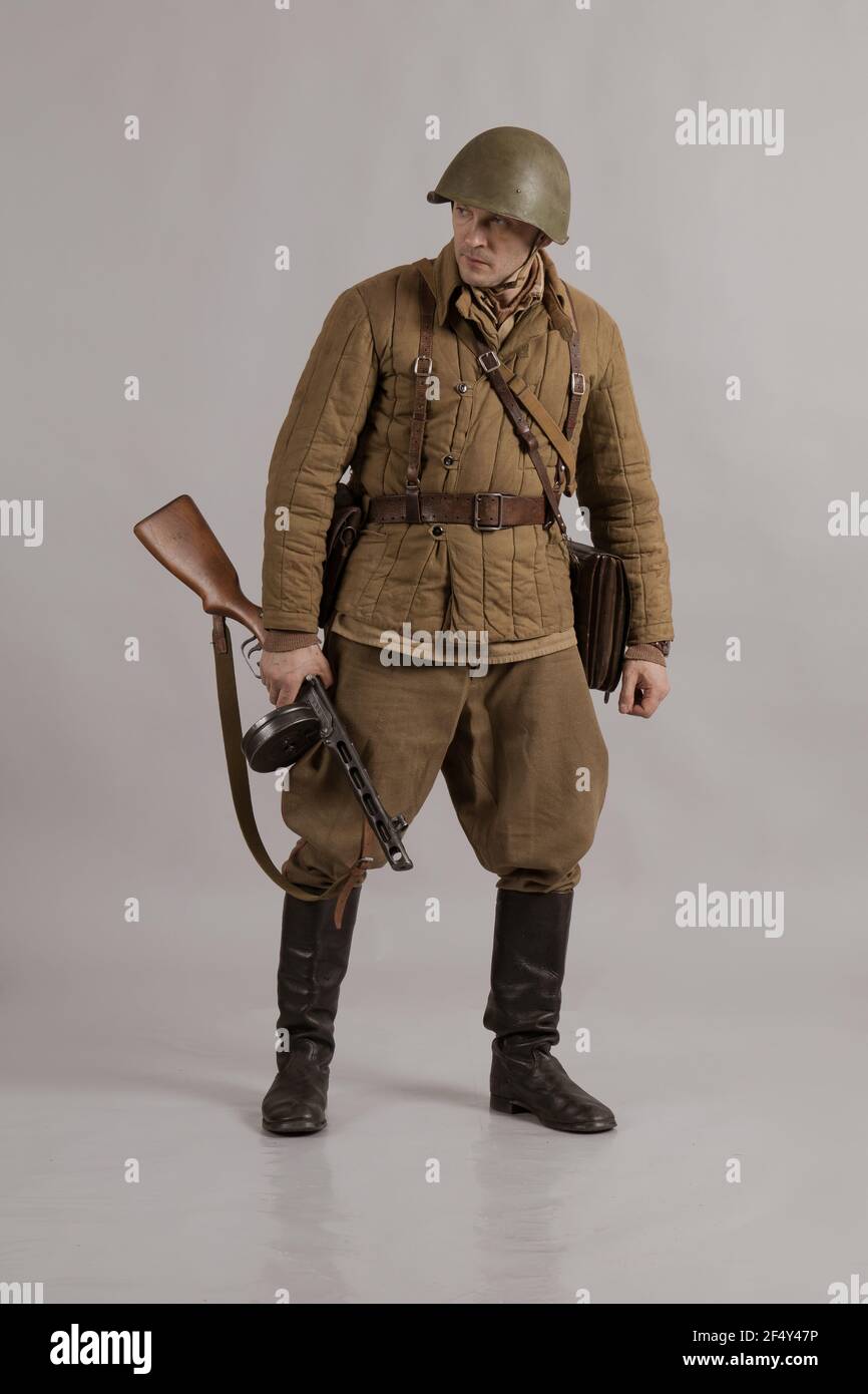 male actor in the military uniform of an officer of the Soviet Army ...
