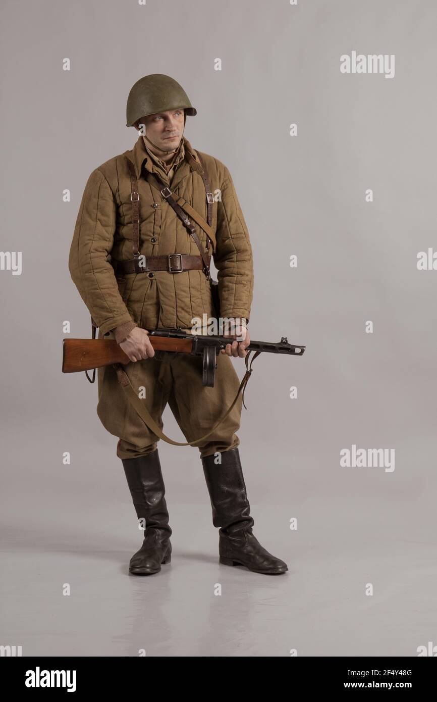 male actor in the military uniform of an officer of the Soviet Army ...