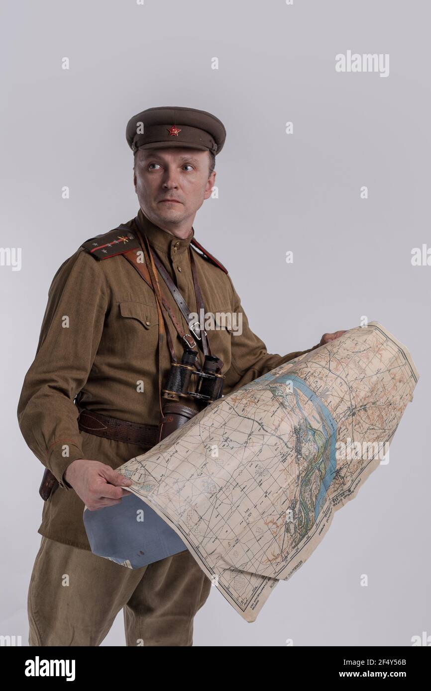 Male actor in the uniform of a Soviet Army officer during World War II ...