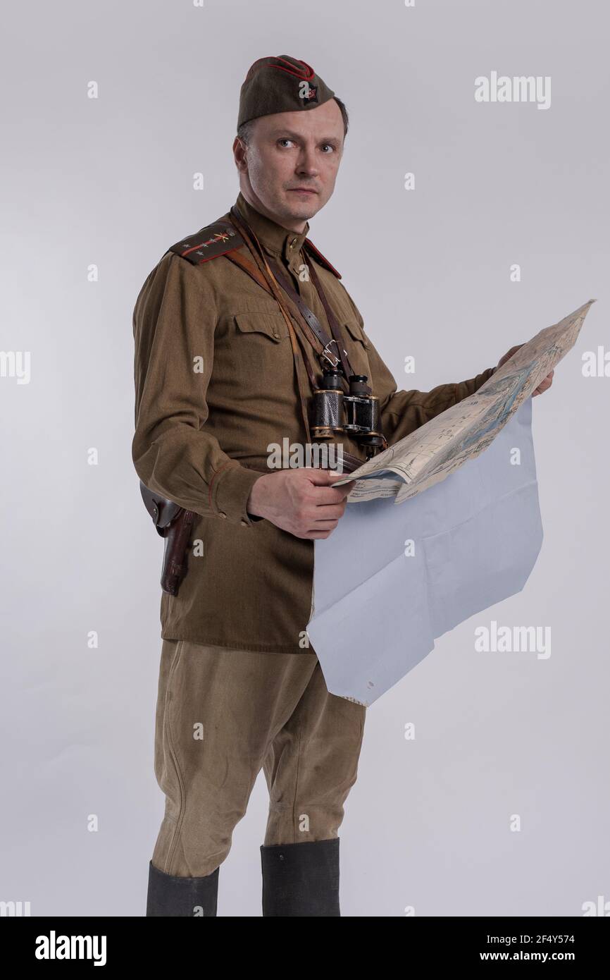 Male actor in the uniform of a Soviet Army officer during World War II ...