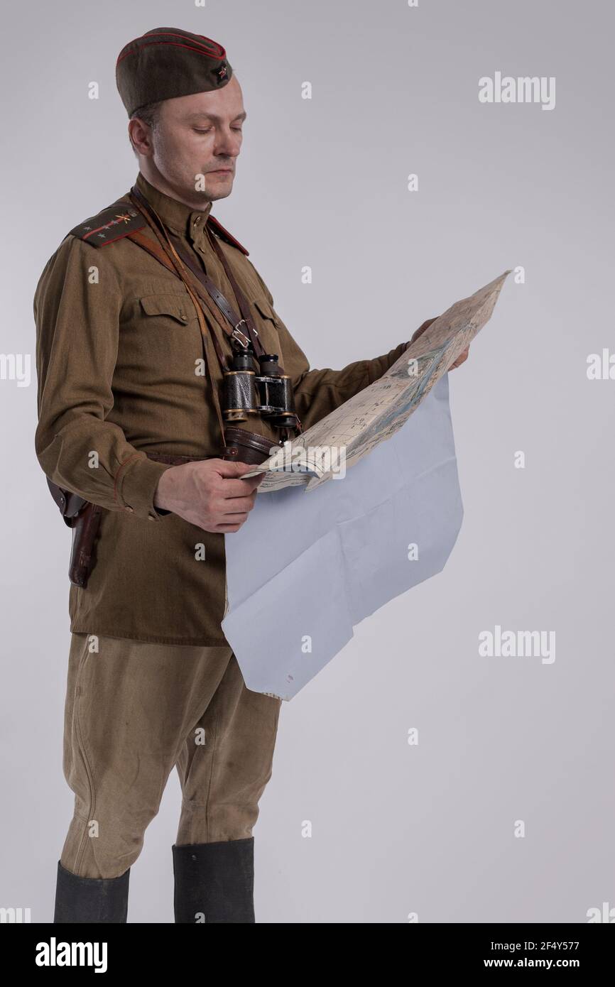 Male actor in the uniform of a Soviet Army officer during World War II ...