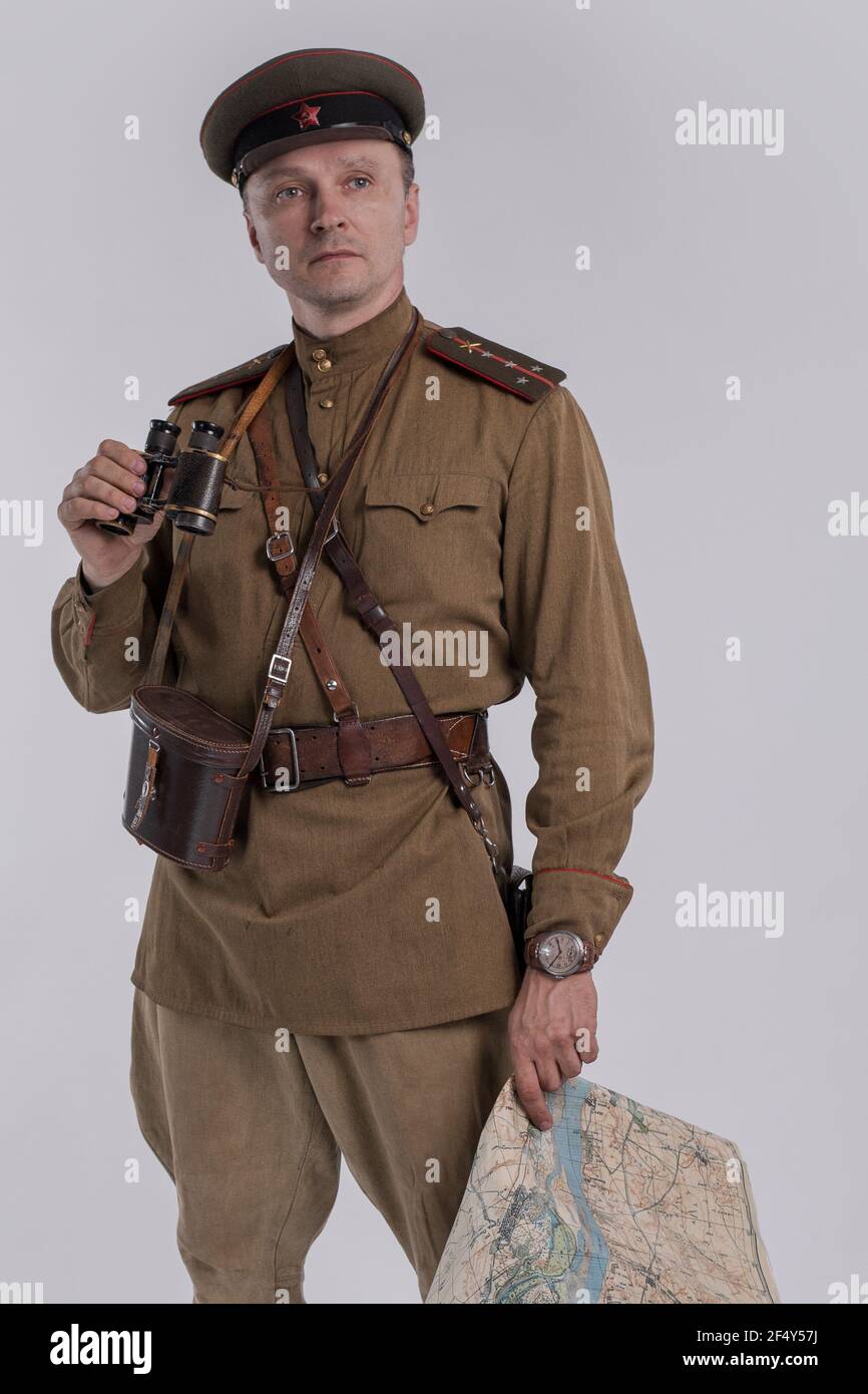 Male actor in the uniform of a Soviet Army officer during World War II ...