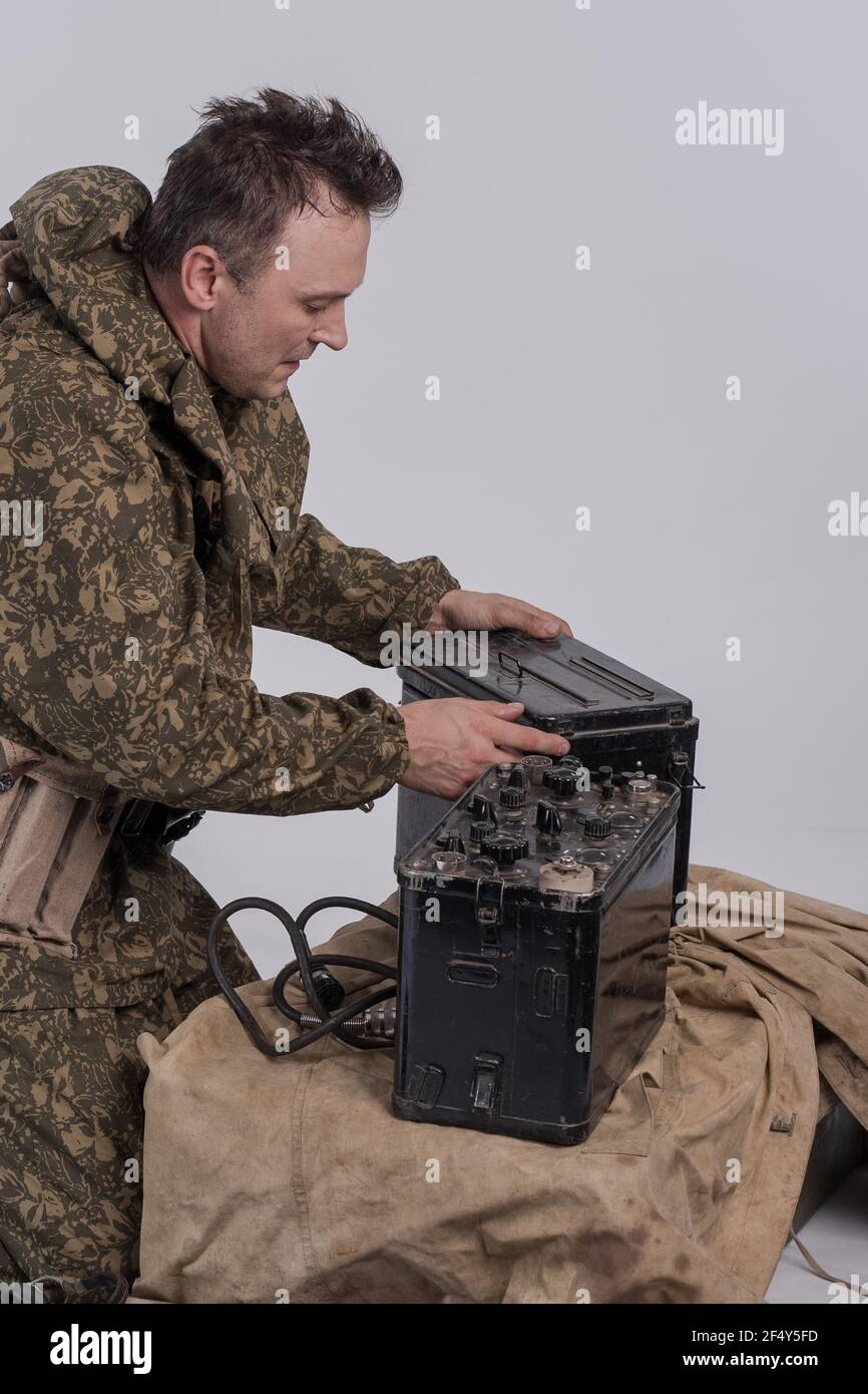 Male actor in the historical uniform of an officer of the Soviet Army ...