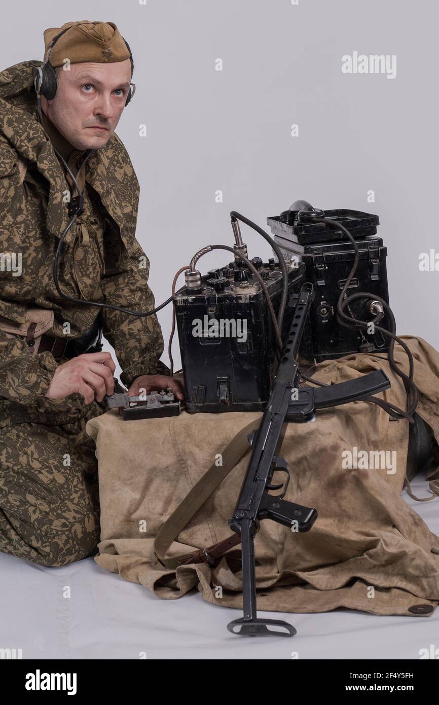 Male actor in the historical uniform of an officer of the Soviet Army ...