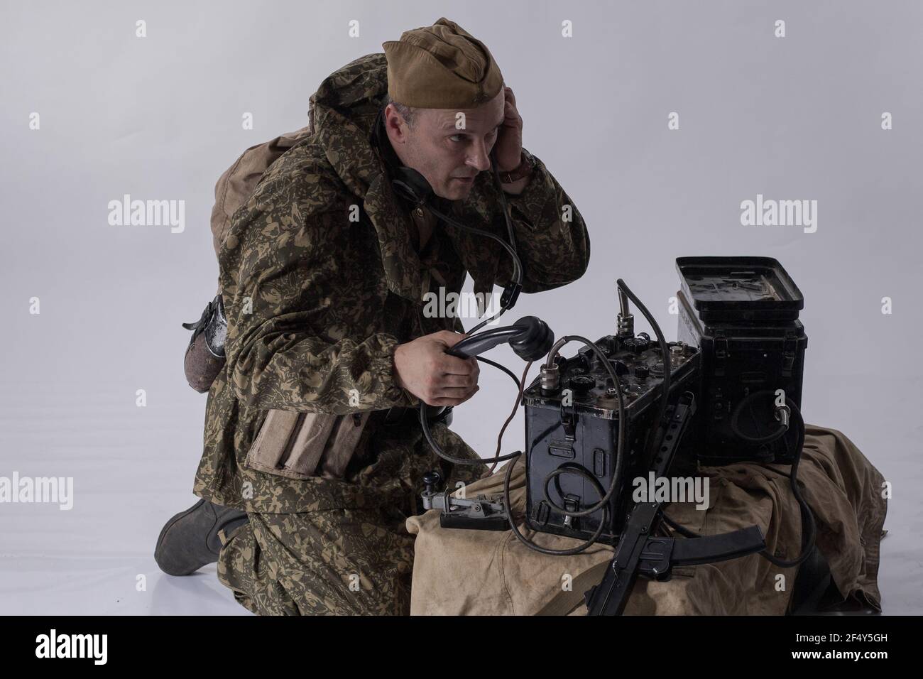 Male actor in the historical uniform of an officer of the Soviet Army ...