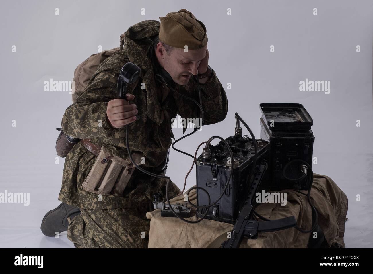 Male actor in the historical uniform of an officer of the Soviet Army ...