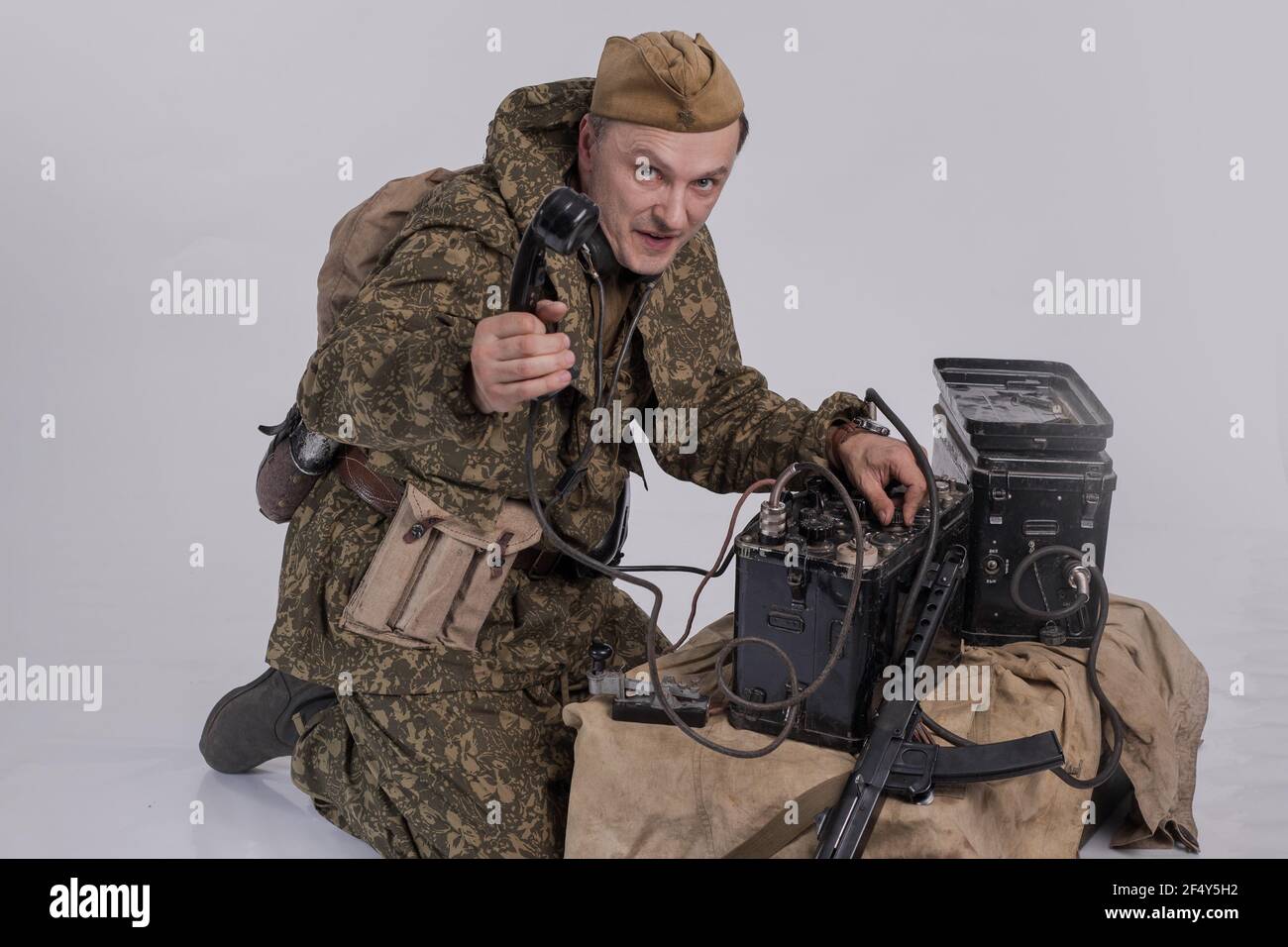 Male actor in the historical uniform of an officer of the Soviet Army ...