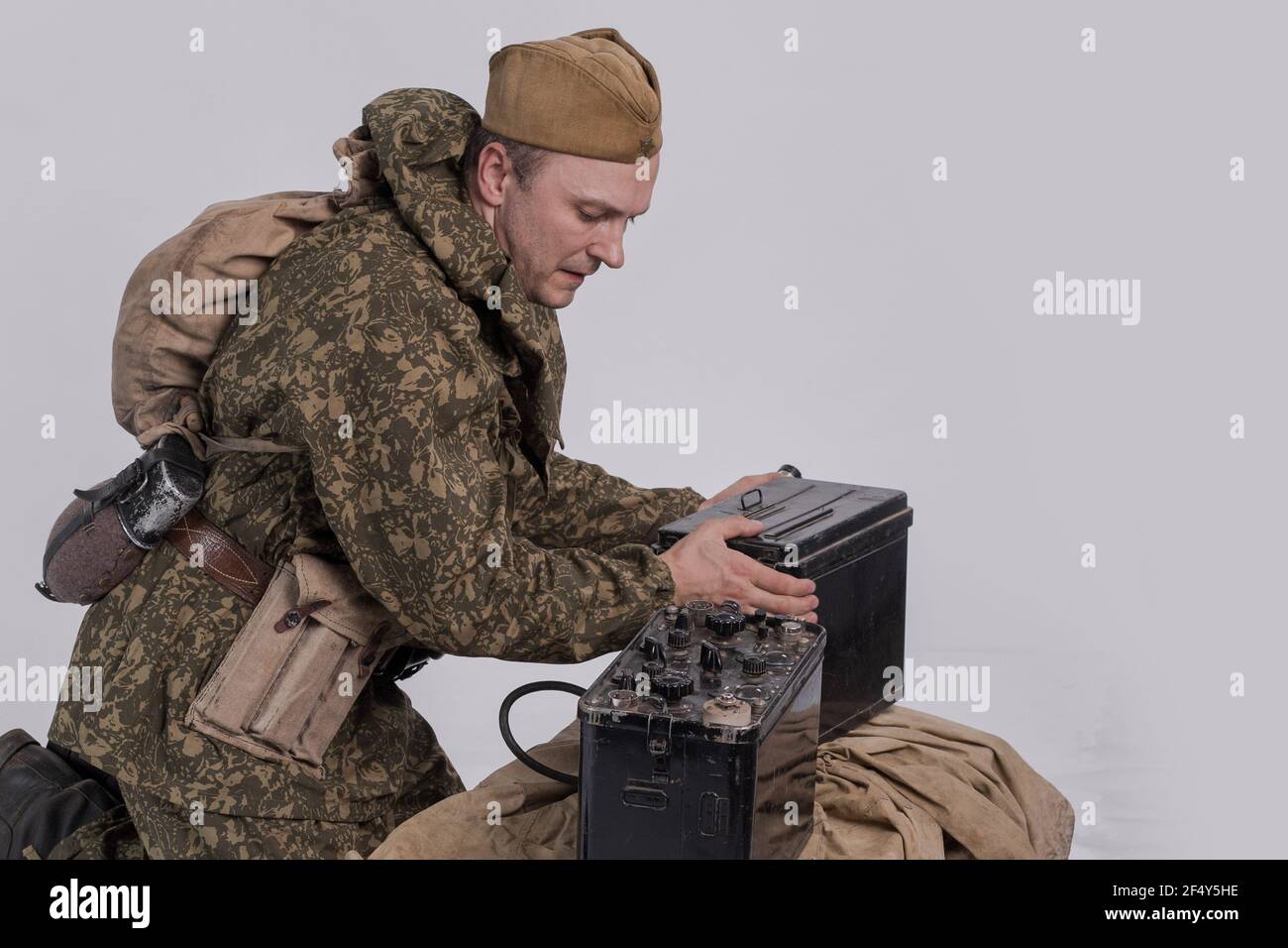 Male actor in the historical uniform of an officer of the Soviet Army ...