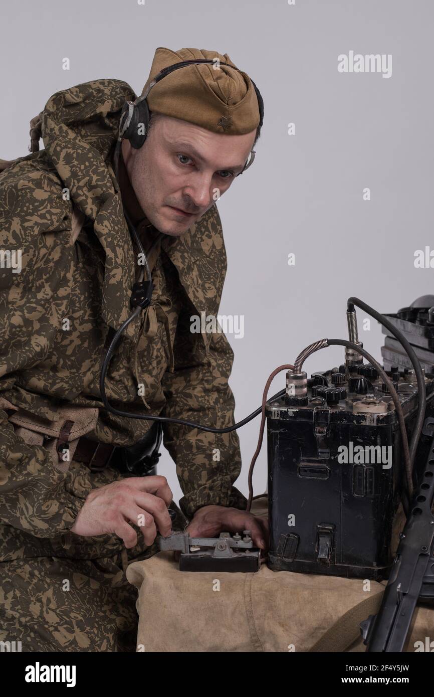 Male actor in the historical uniform of an officer of the Soviet Army ...