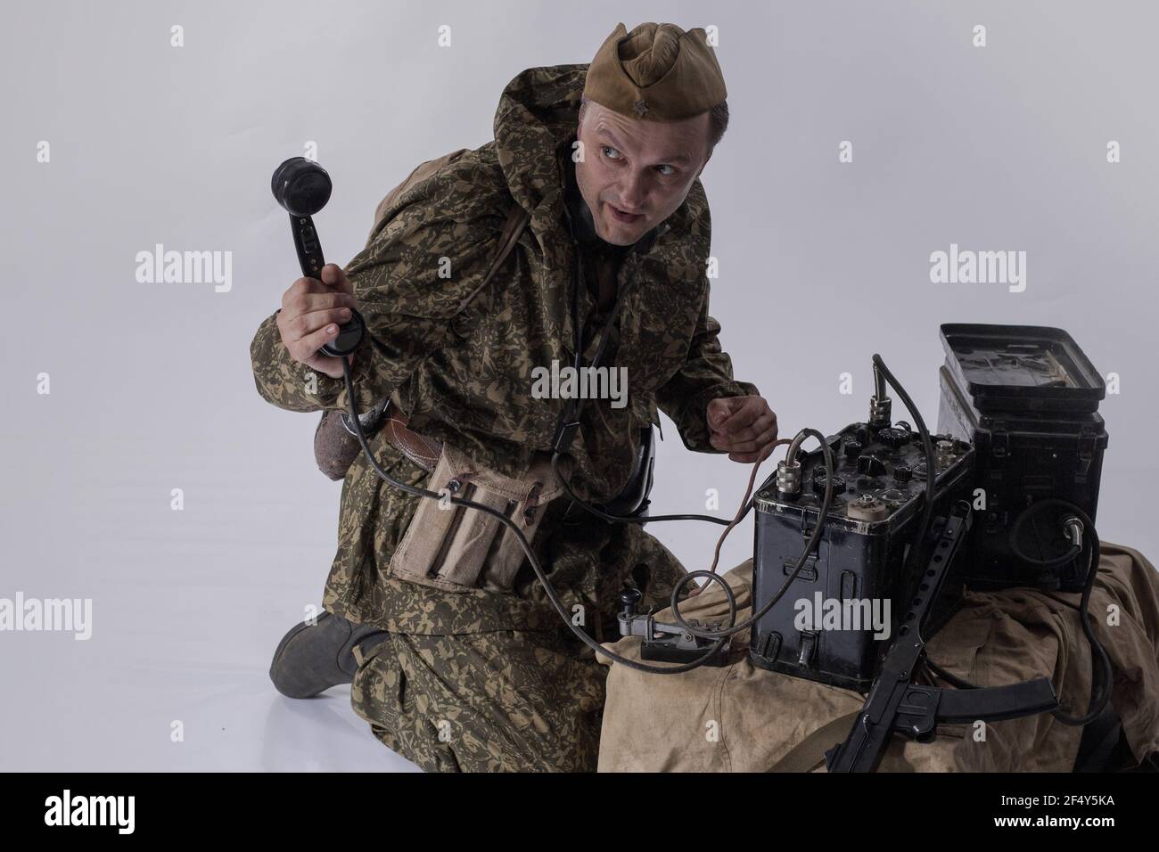 Male actor in the historical uniform of an officer of the Soviet Army ...
