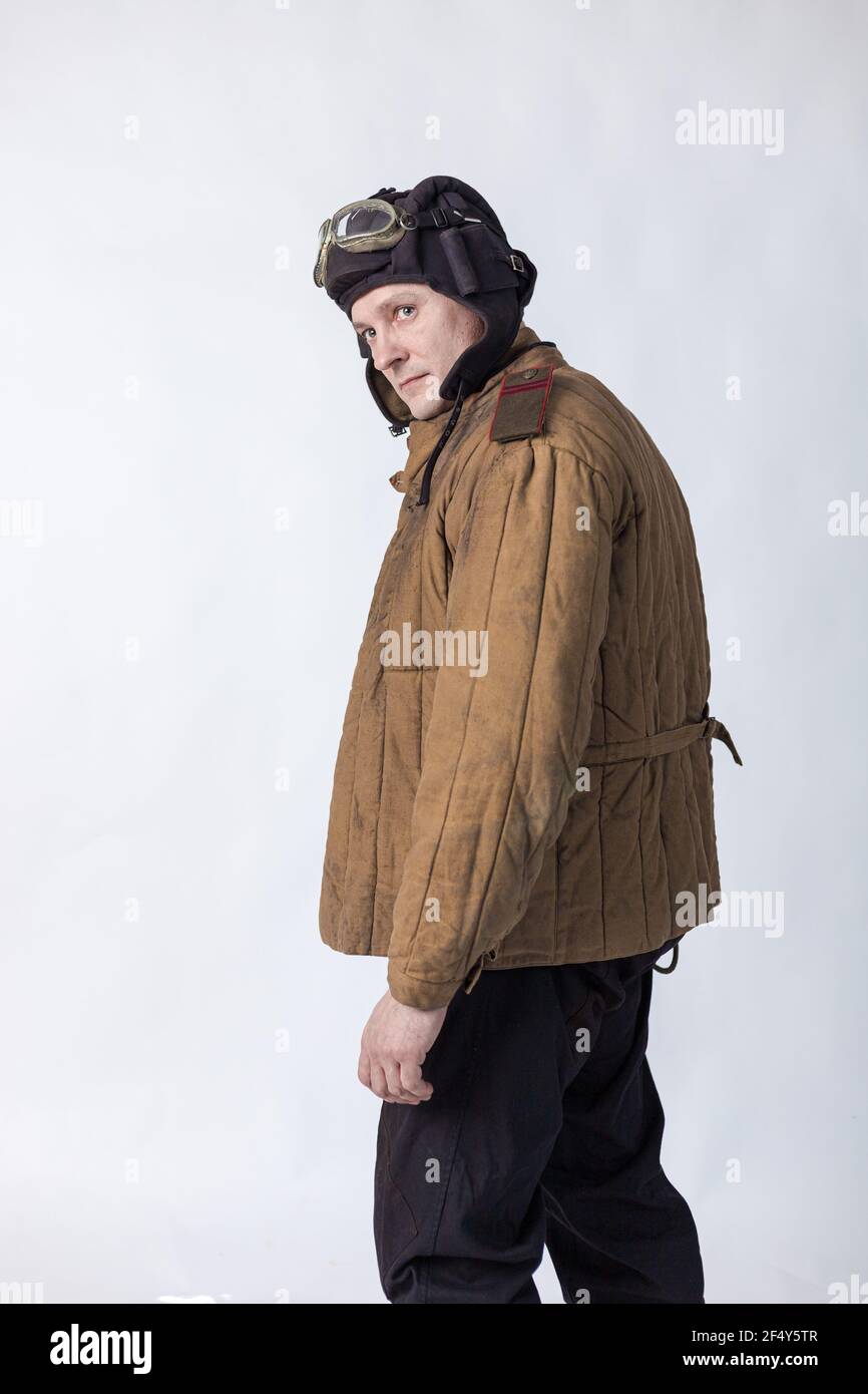 Male actor reenactor in historical military tank uniform during World ...