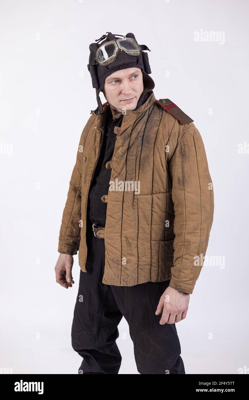 Male actor reenactor in historical military tank uniform during World ...