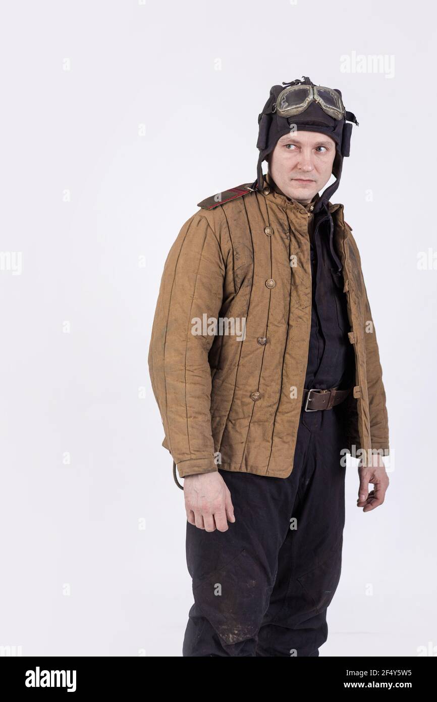 Male actor reenactor in historical military tank uniform during World ...