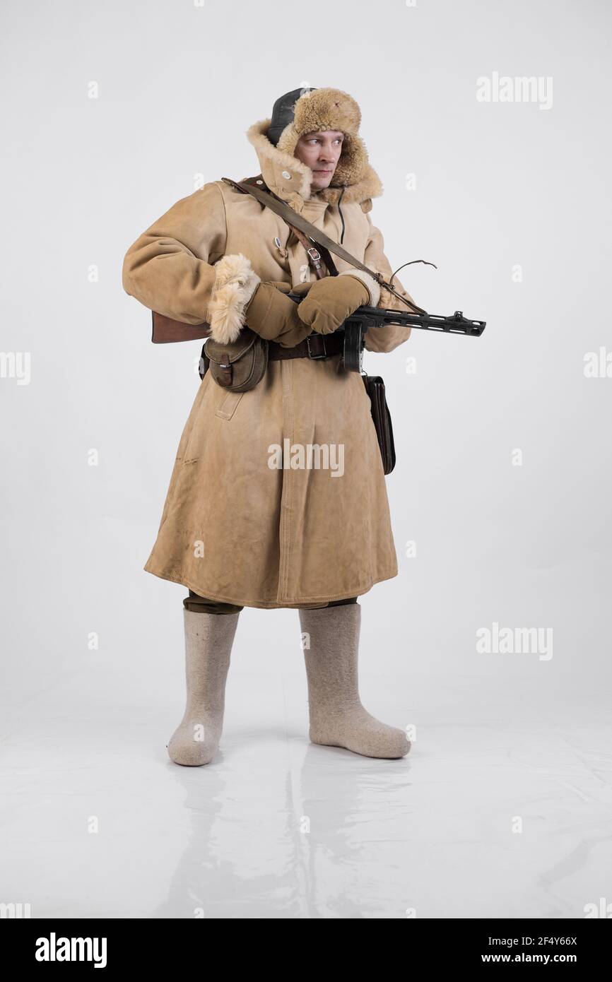 A man in a winter military uniform of an officer of the Soviet army ...