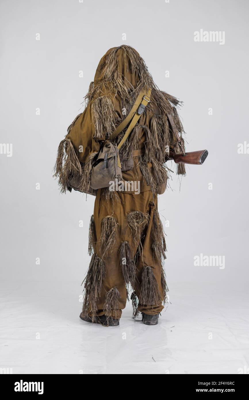 Man soldier radio operator of the Soviet army in old military uniform ...