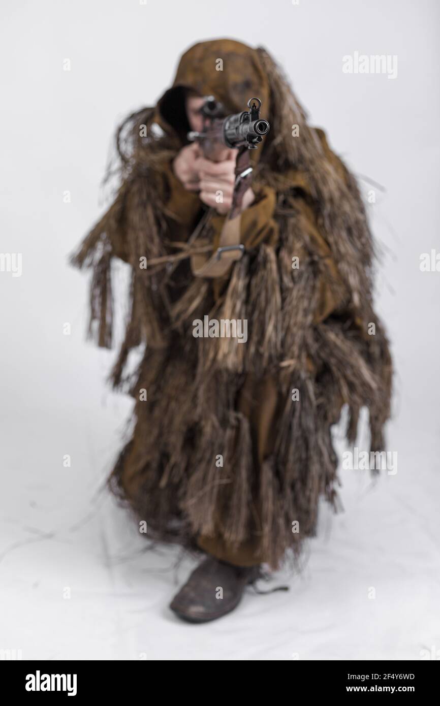 Man soldier radio operator of the Soviet army in old military uniform ...