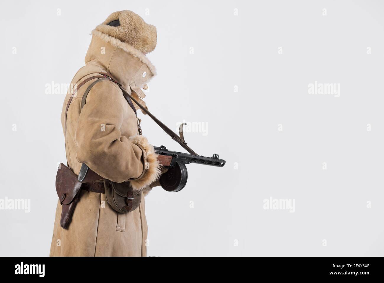 A man in a winter military uniform of an officer of the Soviet army ...