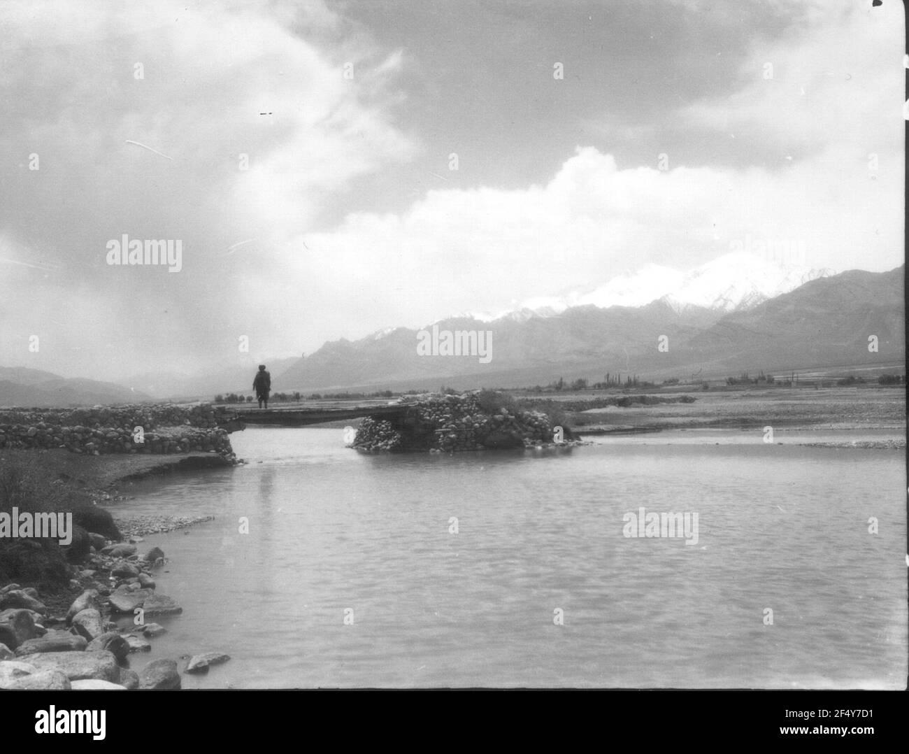 India. Kashmir. Ladakh. Indestal. Bridge over a river arm at St.Kna ...