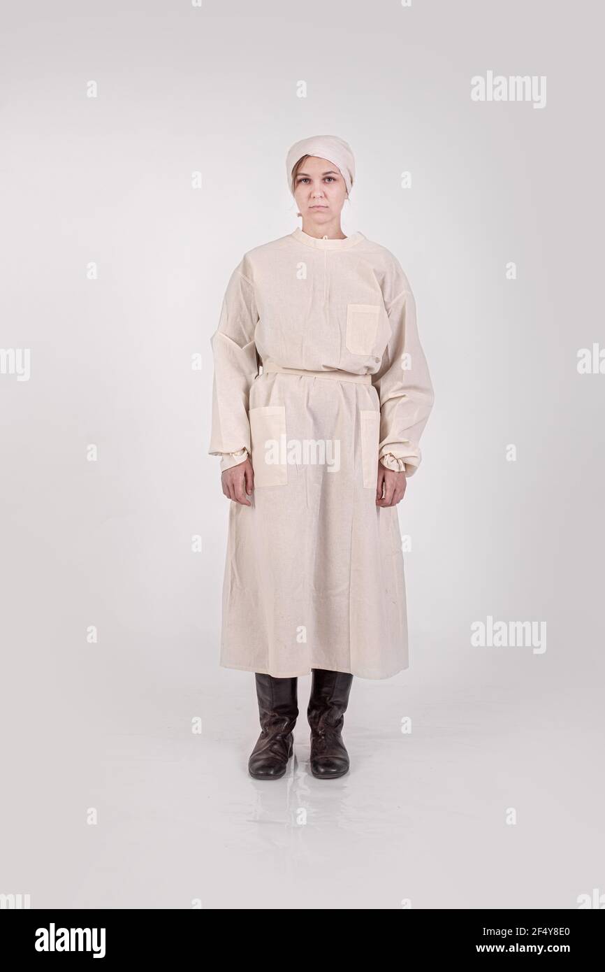 Young woman in white medical clothes, doctor or nurse of the Soviet ...