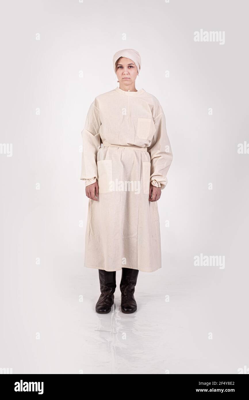 Young woman in white medical clothes, doctor or nurse of the Soviet ...