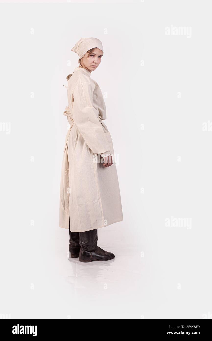 Young woman in white medical clothes, doctor or nurse of the Soviet ...