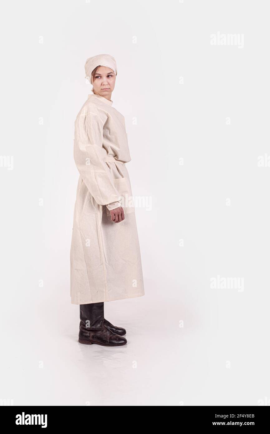 Young woman in white medical clothes, doctor or nurse of the Soviet ...