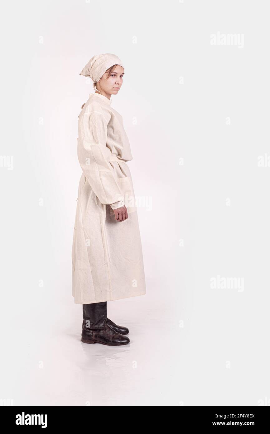 Young woman in white medical clothes, doctor or nurse of the Soviet ...