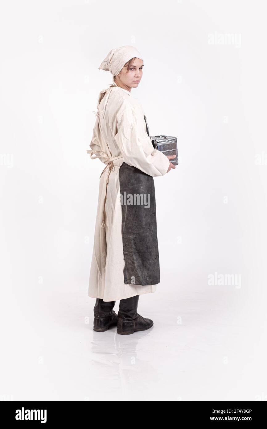 Young woman in white medical clothes, doctor or nurse of the Soviet ...