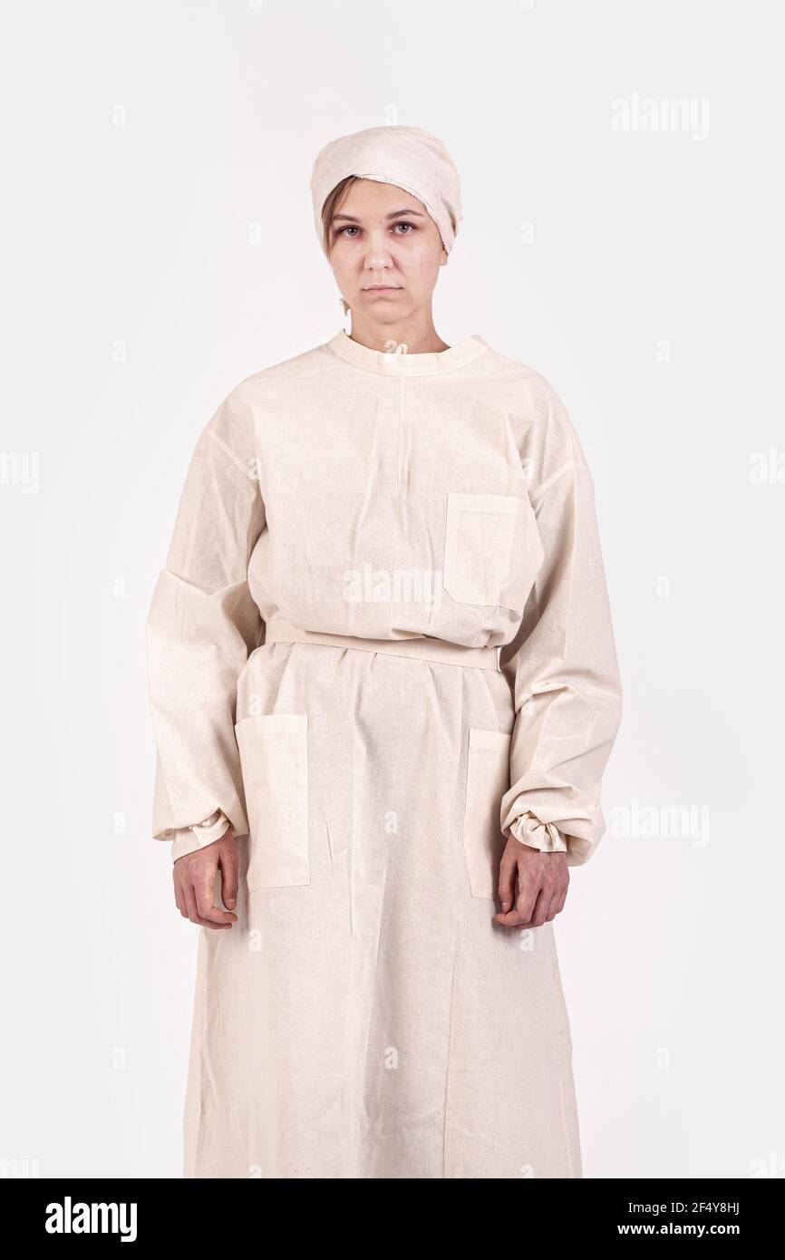 Young woman in white medical clothes, doctor or nurse of the Soviet ...