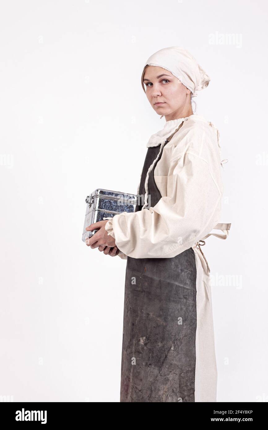 Young woman in white medical clothes, doctor or nurse of the Soviet ...