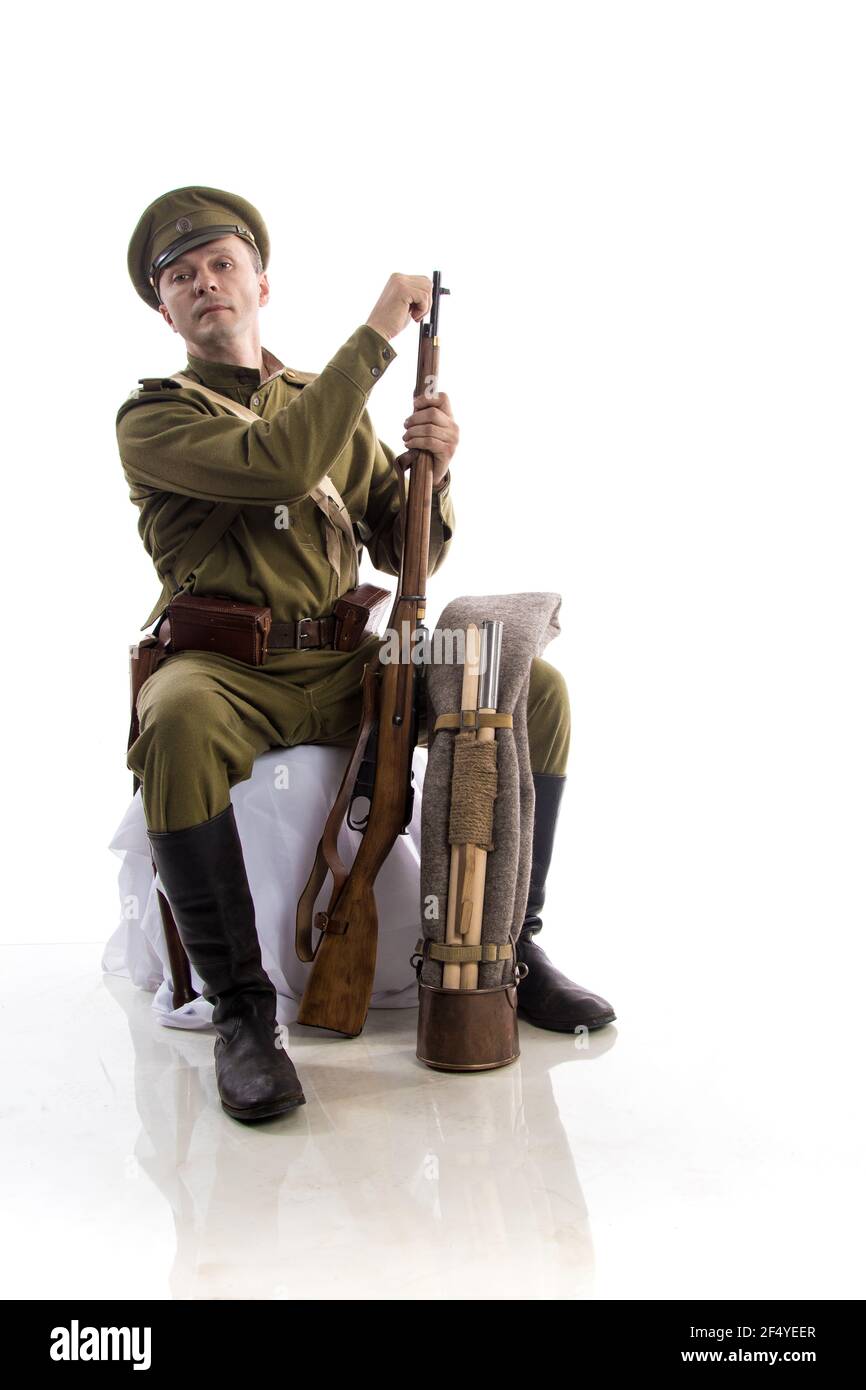 Male actor in the form of ordinary soldiers of the Russian army during ...