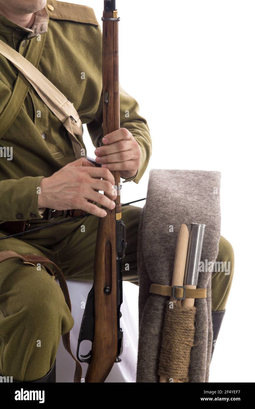 Male actor in the form of ordinary soldiers of the Russian army during ...