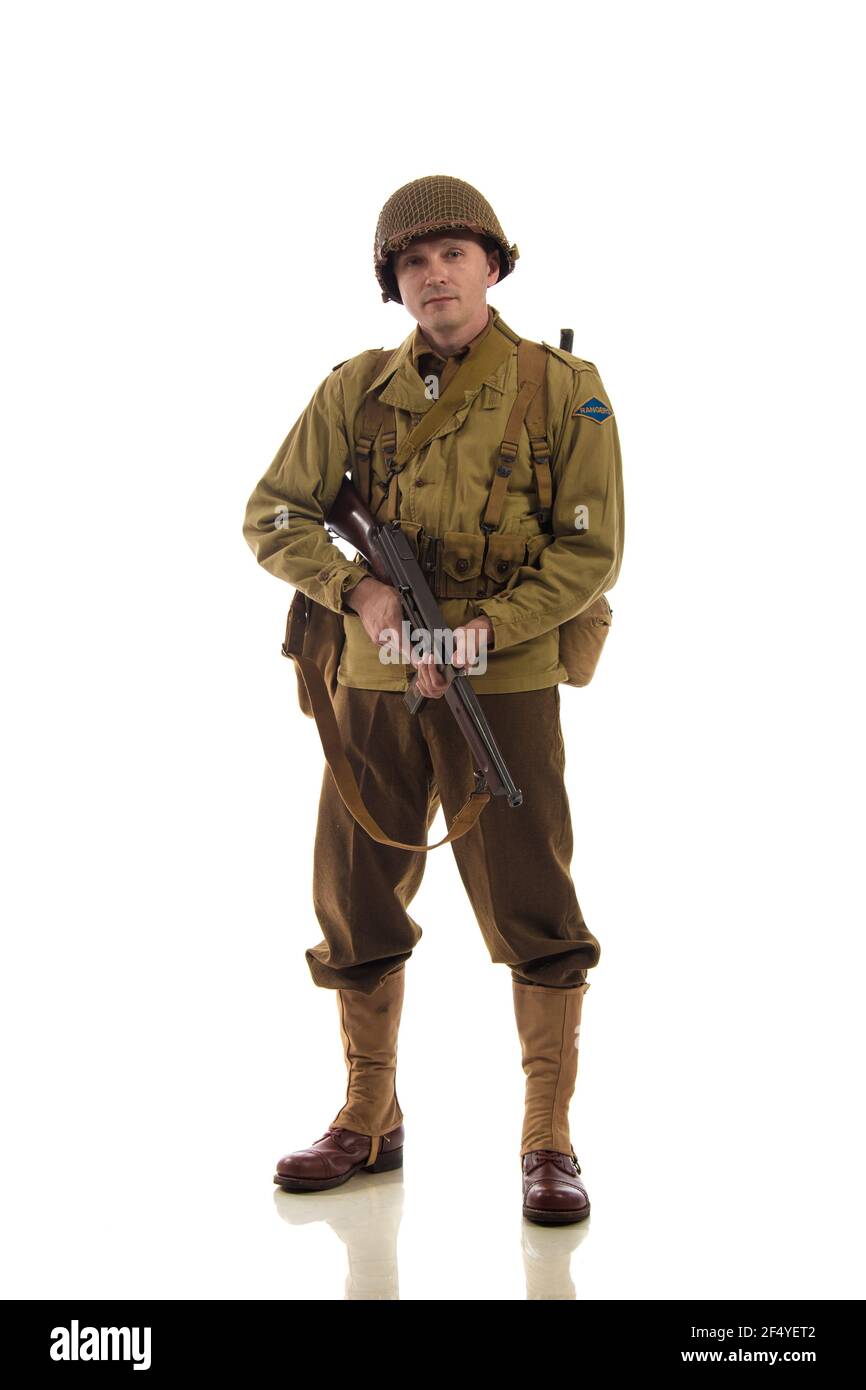 Male actor in military uniform of American ranger of World War II ...