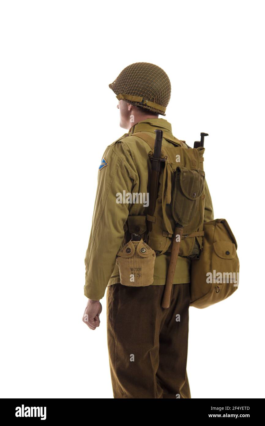 Male actor in military uniform of American ranger of World War II ...