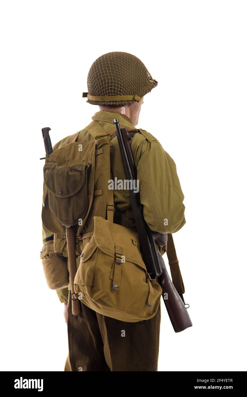 Male actor in military uniform of American ranger of World War II ...